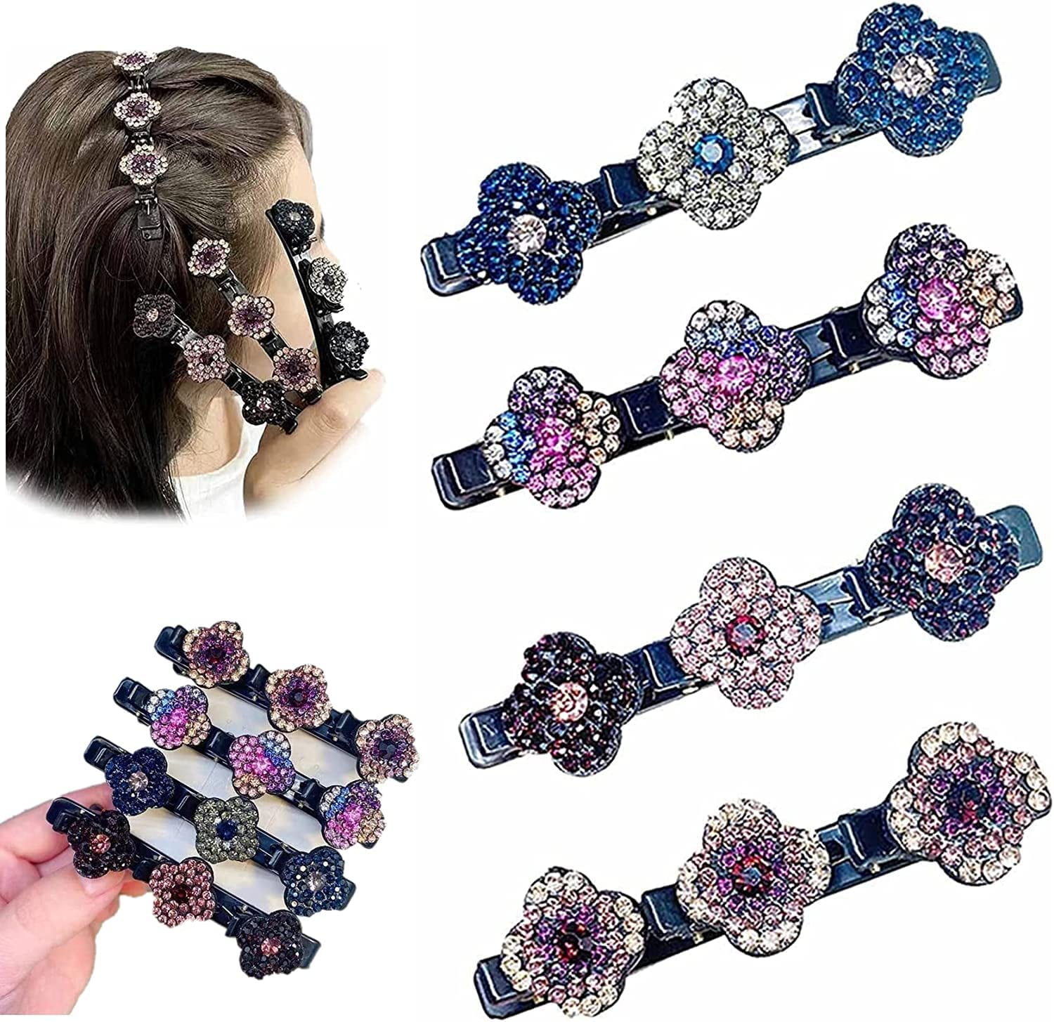 4/8PCS Sparkling Crystal Stone Braided Hair Clips, Satin Fabric Hair ...