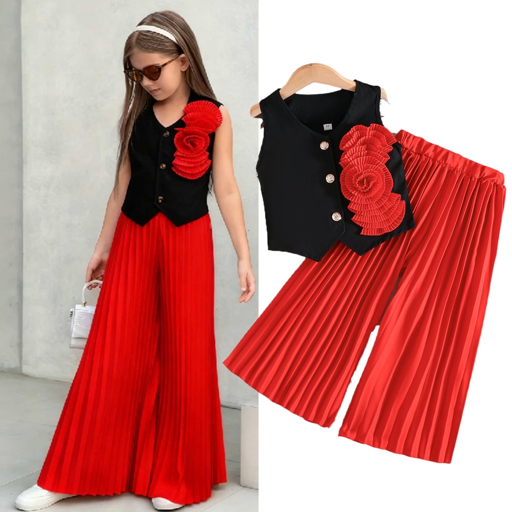 4-8Y Girls 2Pcs Outfits Sets Summer Floral Applique Vest & Pleated ...