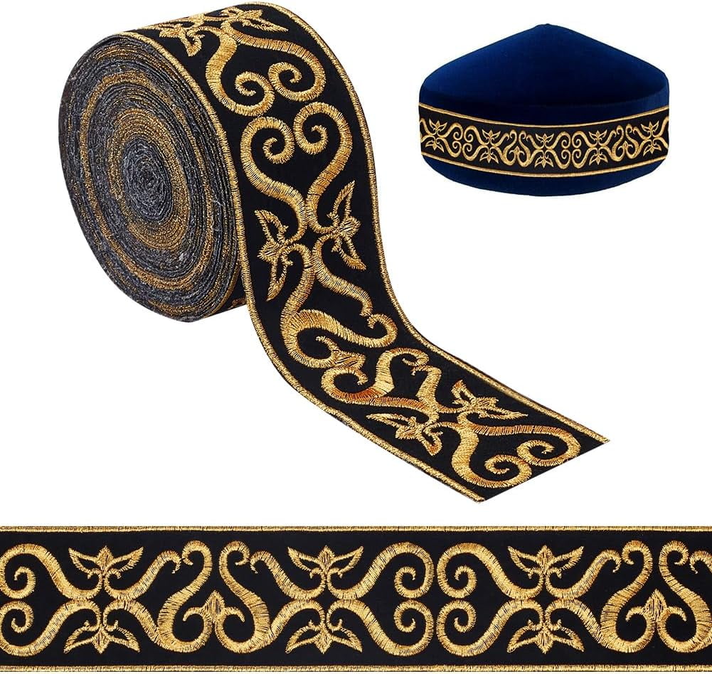 4.9 Yards Black Gold Jacquard Ribbon Trim 1.9 Inch Hot Adhesive Floral ...