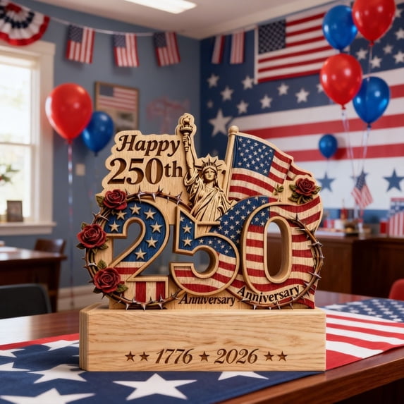 4.9In 2D Flat Wooden Desk Ornament Usa Flag Rose Patriotic Solid Table ...