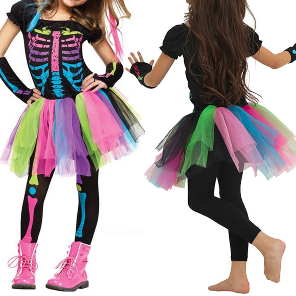4-9T Girls Halloween Skeleton Costume Funky Punky Bones Fancy Costumes ...
