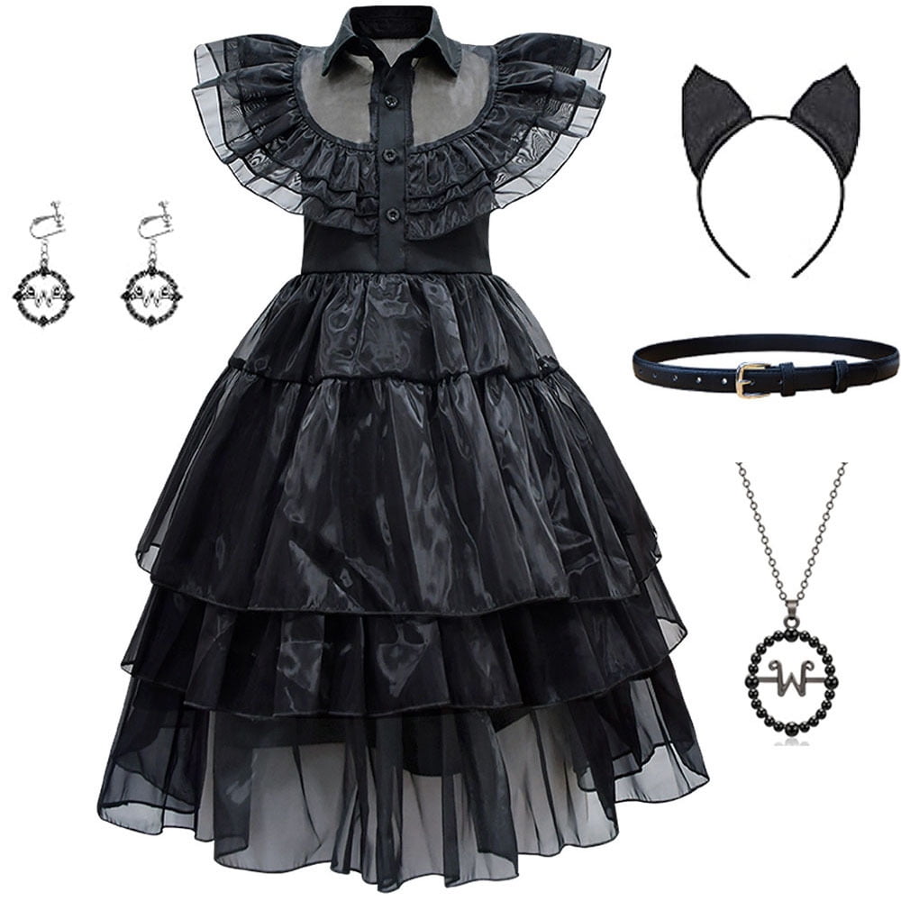 4-9Y Girls Wednesday Dress Flying Sleeve Tulle Party Dress Halloween ...