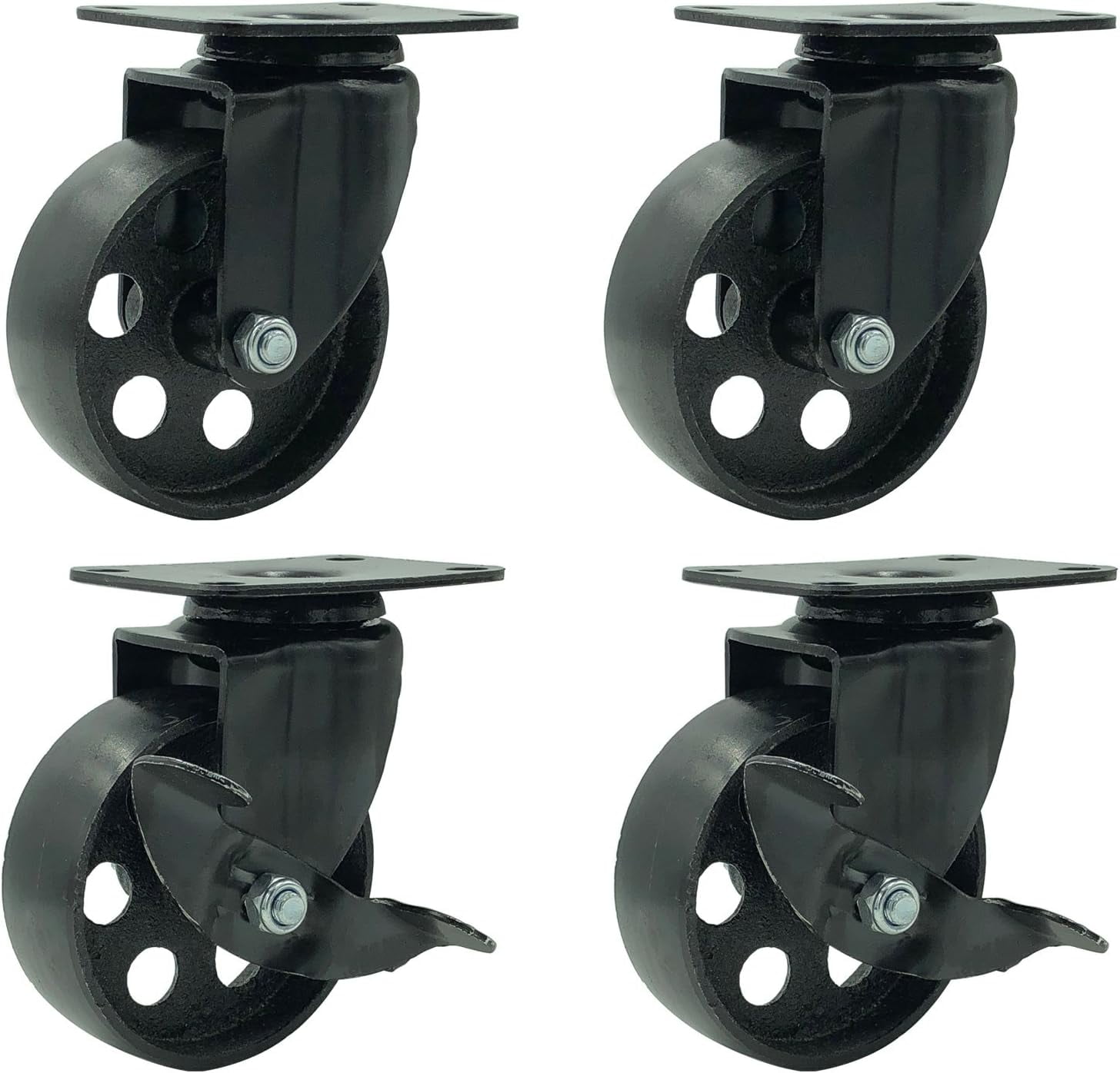 4 All Black Metal Swivel Plate Caster Wheels with Brake Lock Heavy Duty ...