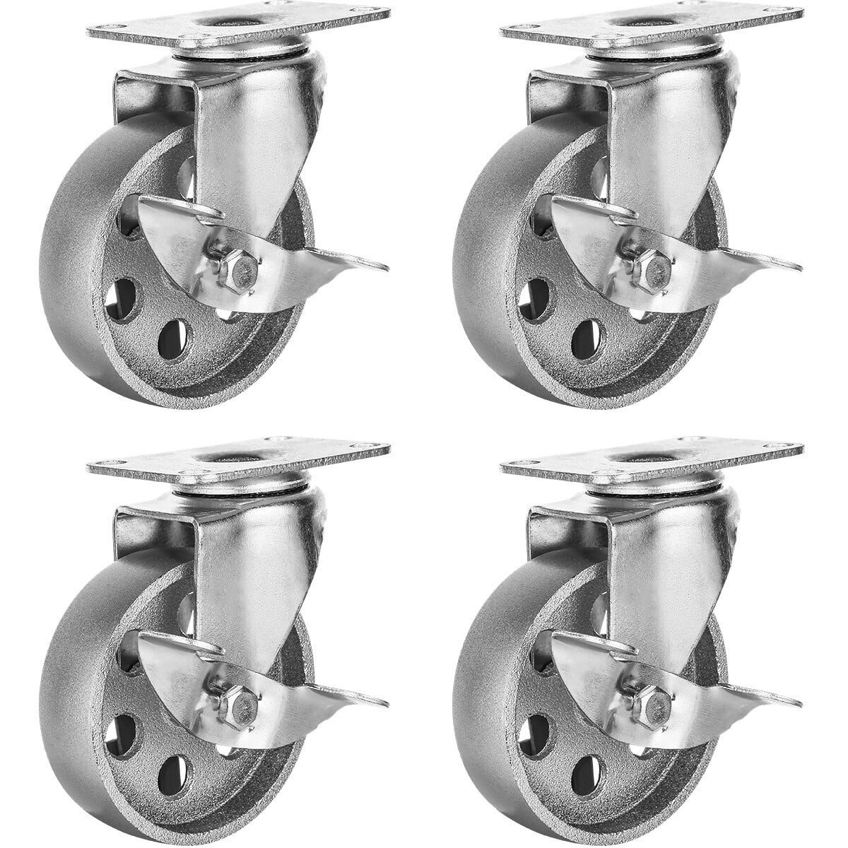 4 All Steel Swivel Plate Caster Wheels with Brake Lock Heavy Duty Gray ...
