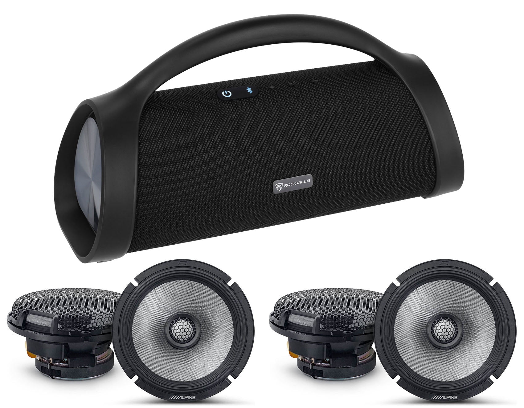 (4) Alpine R2-S65 6.5" High-Resolution Car Speakers+Portable Bluetooth ...