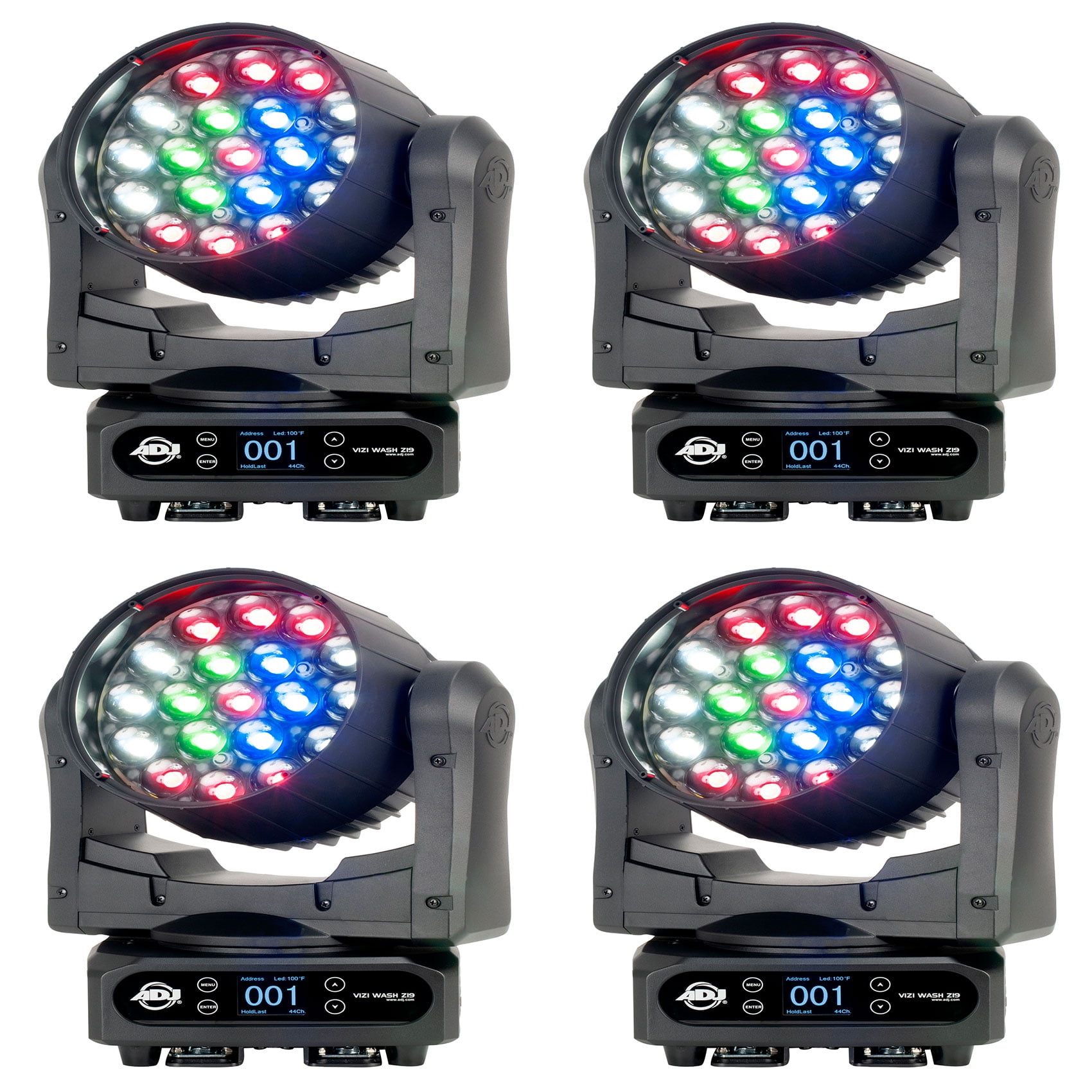 (4) American DJ ADJ VIZI WASH Z19 380 Watt RGBW LED DMX Moving Head ...