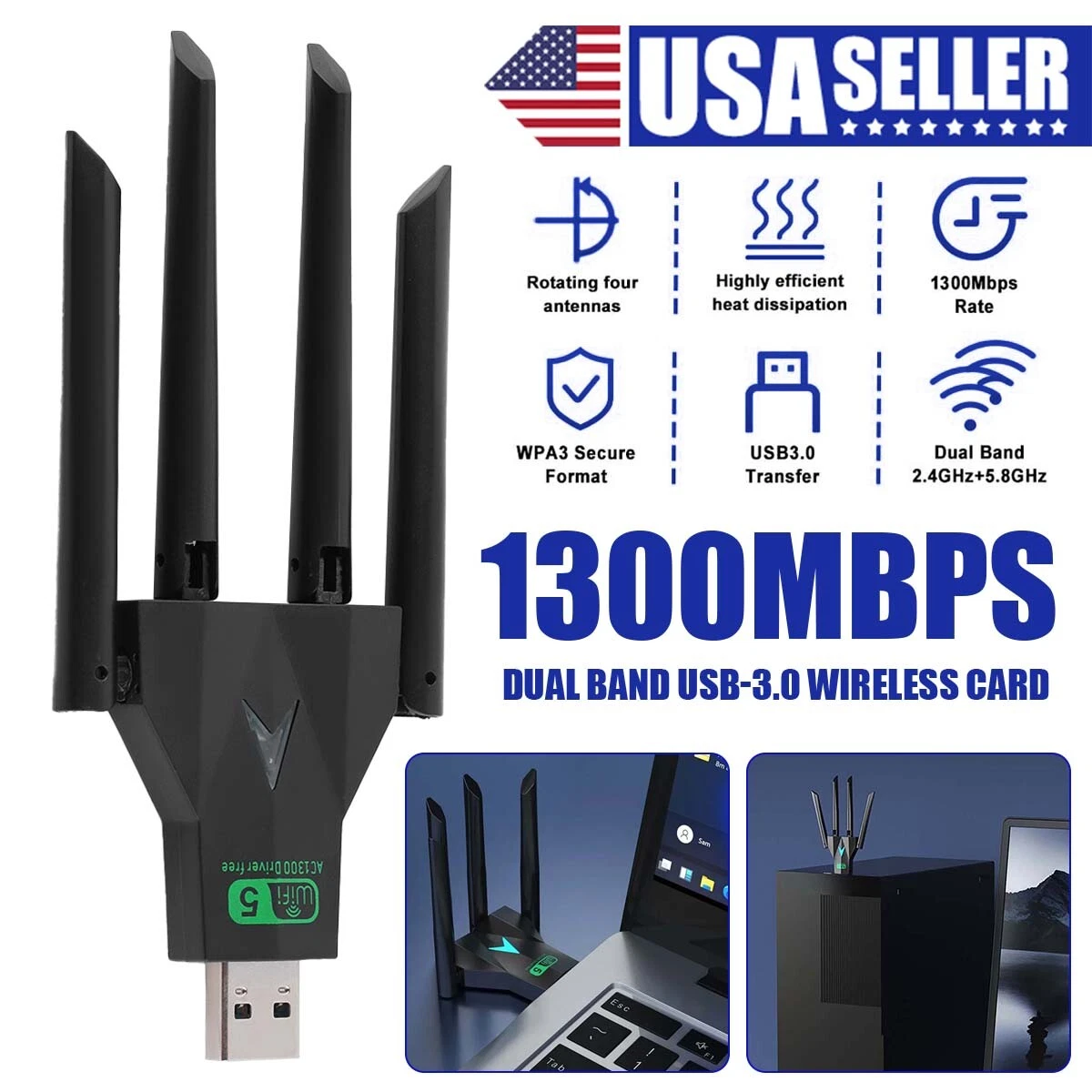 4-Antenna 1300Mbps Dual Band USB 3.0 Wifi Wireless Network Card for PC ...
