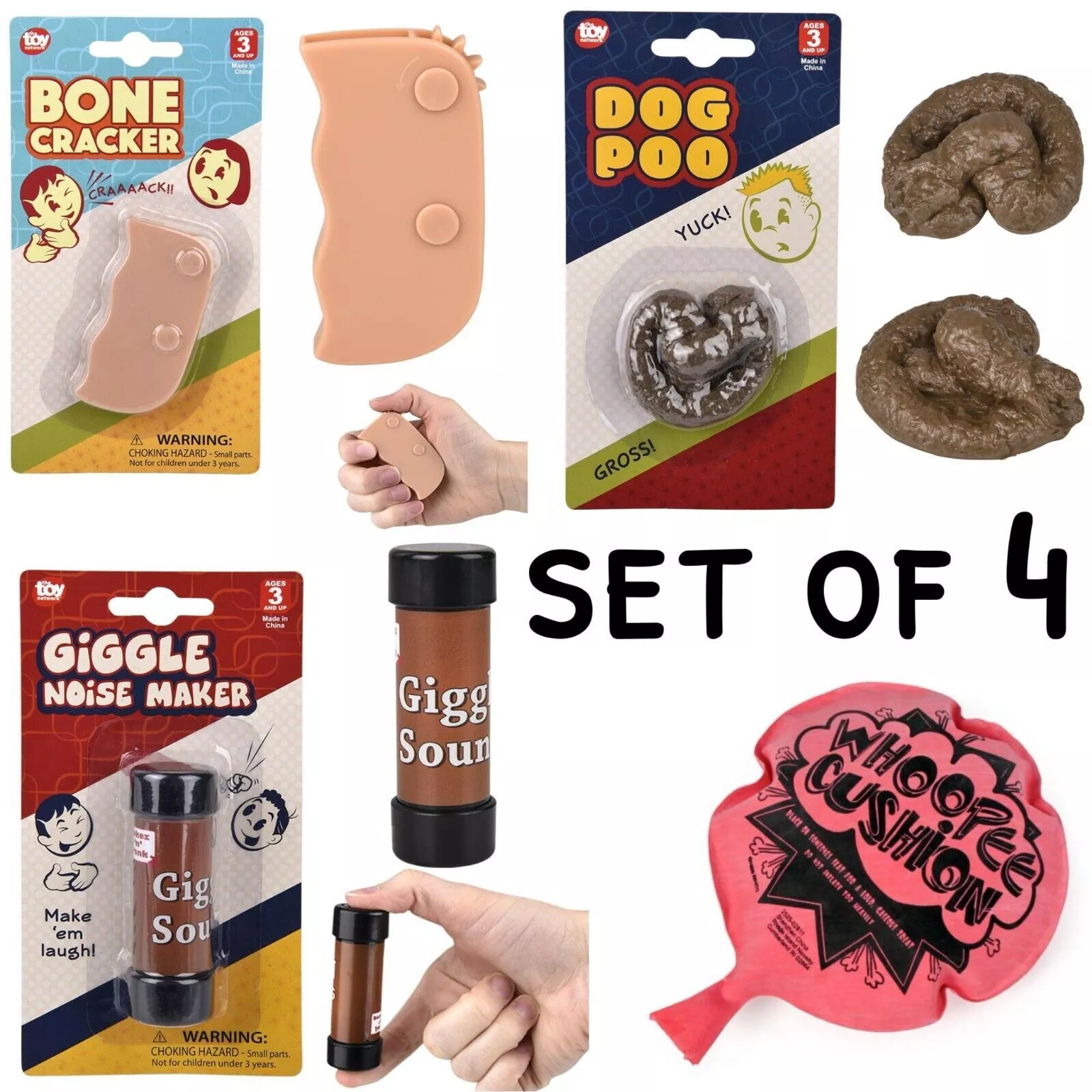 4 Assorted Gag Joke Prank Gifts - Whoopee, Bone Cracker, Dog Poop ...