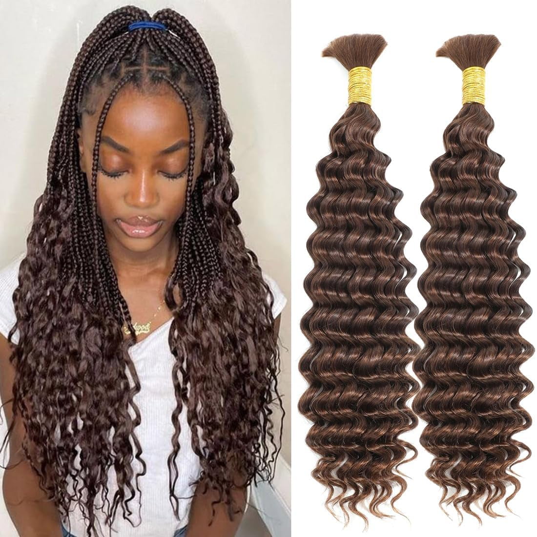 4 Auburn Brown Deep Water Wave Bulk Human Braiding Hair 100g per ...