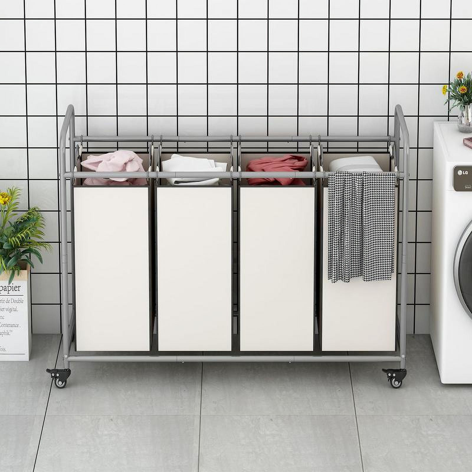 4 Bag Laundry Basket Sorter Laundry Hamper Cart with Heavy Duty Rolling ...