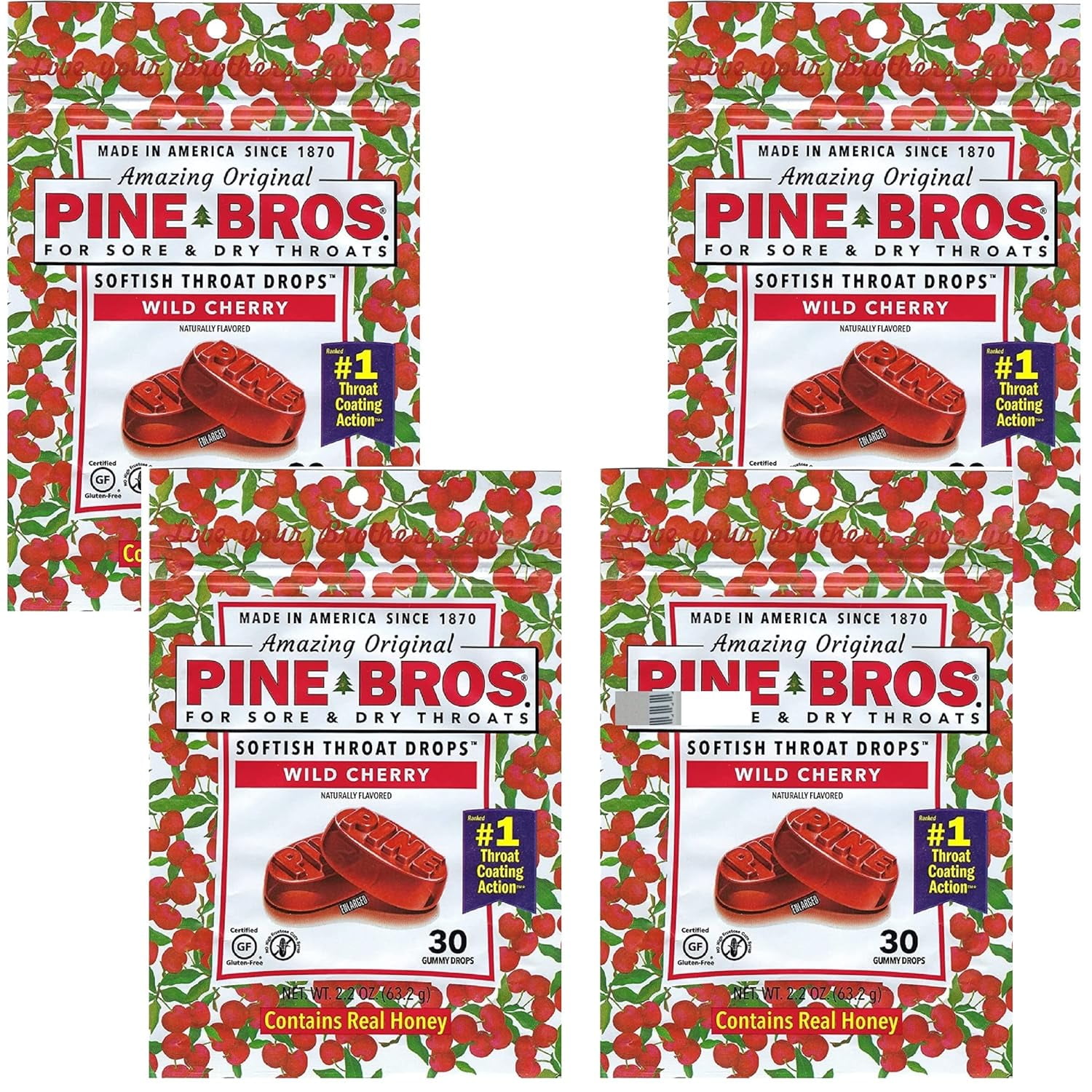 Pine Bros Softish Throat Drops, Wild Cherry Flavor, 30 Drops per Bag, 4 ...