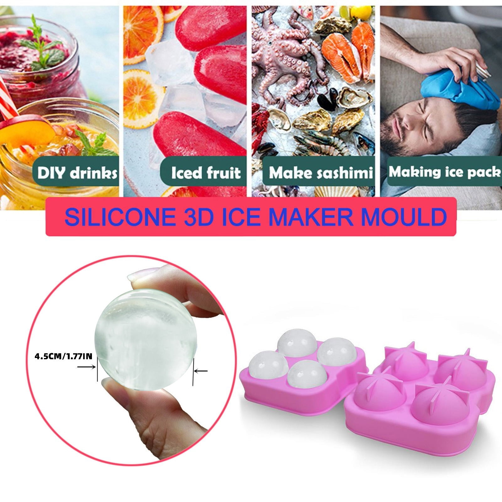 4-Ball Ice Tray, Silicone Ice Ball Mold for Bartending Featuring Four ...
