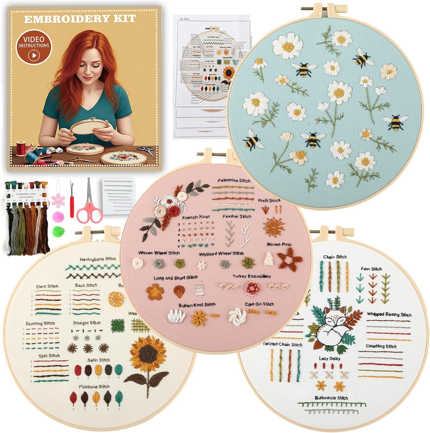 4 Beginner Embroidery Kit for , Learn Stitches with Pre-Stamped ...