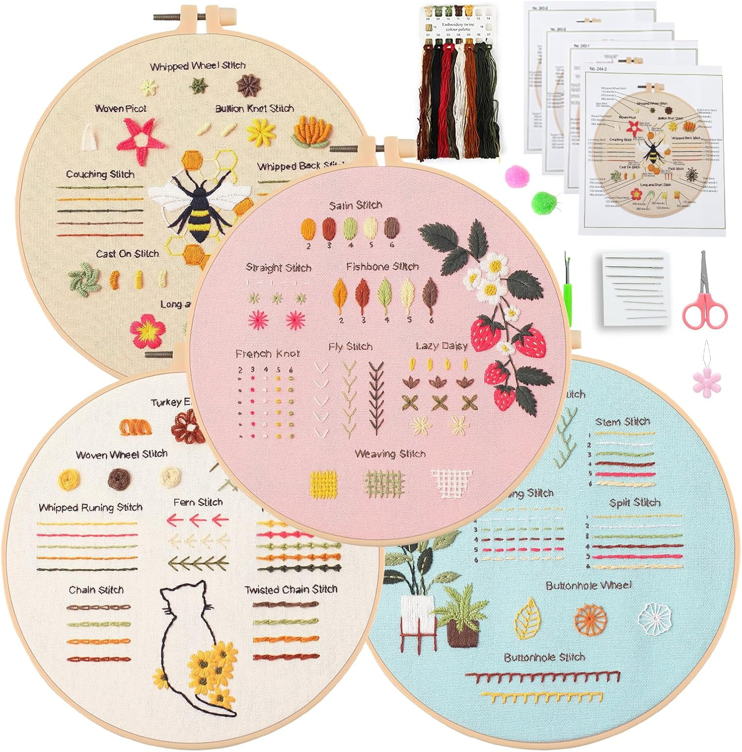 4 Beginner Embroidery Kit for , Learn Stitches with Pre-Stamped ...