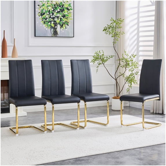 4 Black PU Leather Dining Chairs with Gold Legs, Modern High Back ...