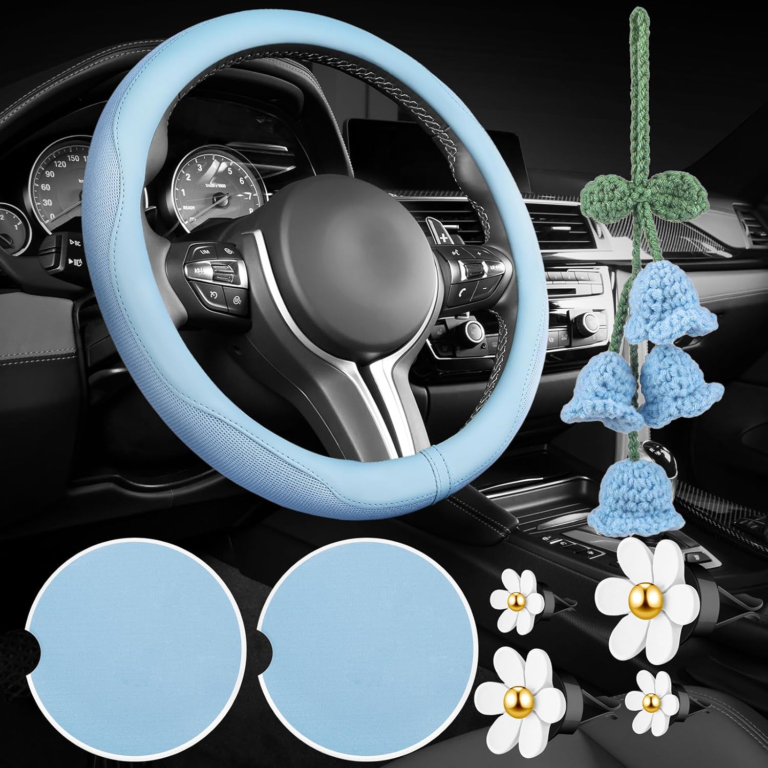 4 Blue Car Accessories Set - Car Steering Wheel Cover, Ceramic Cup ...