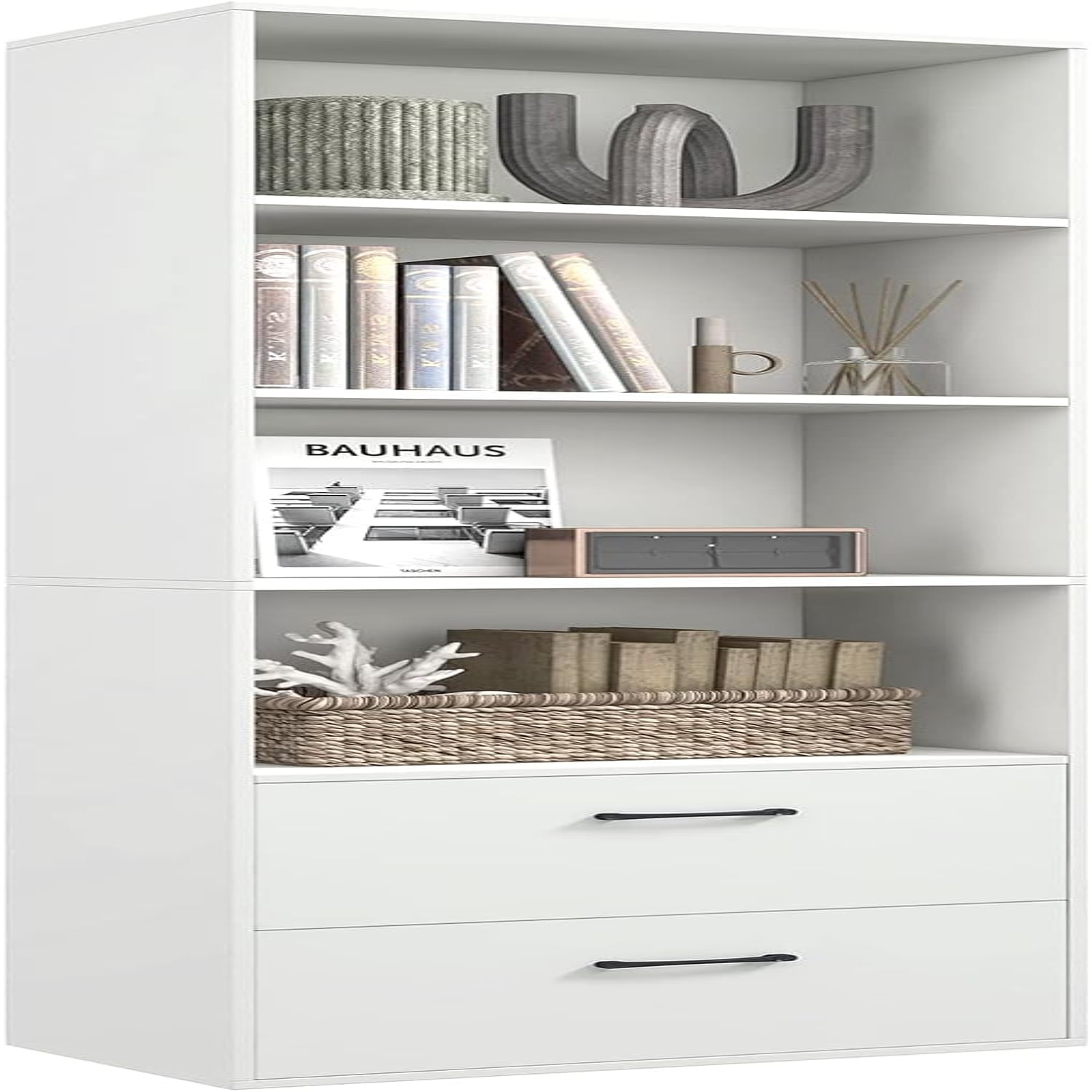 4 Bookcase with 2 Drawers 74 Inch 4 Tiers Tall Open Bookshelf with 2 ...