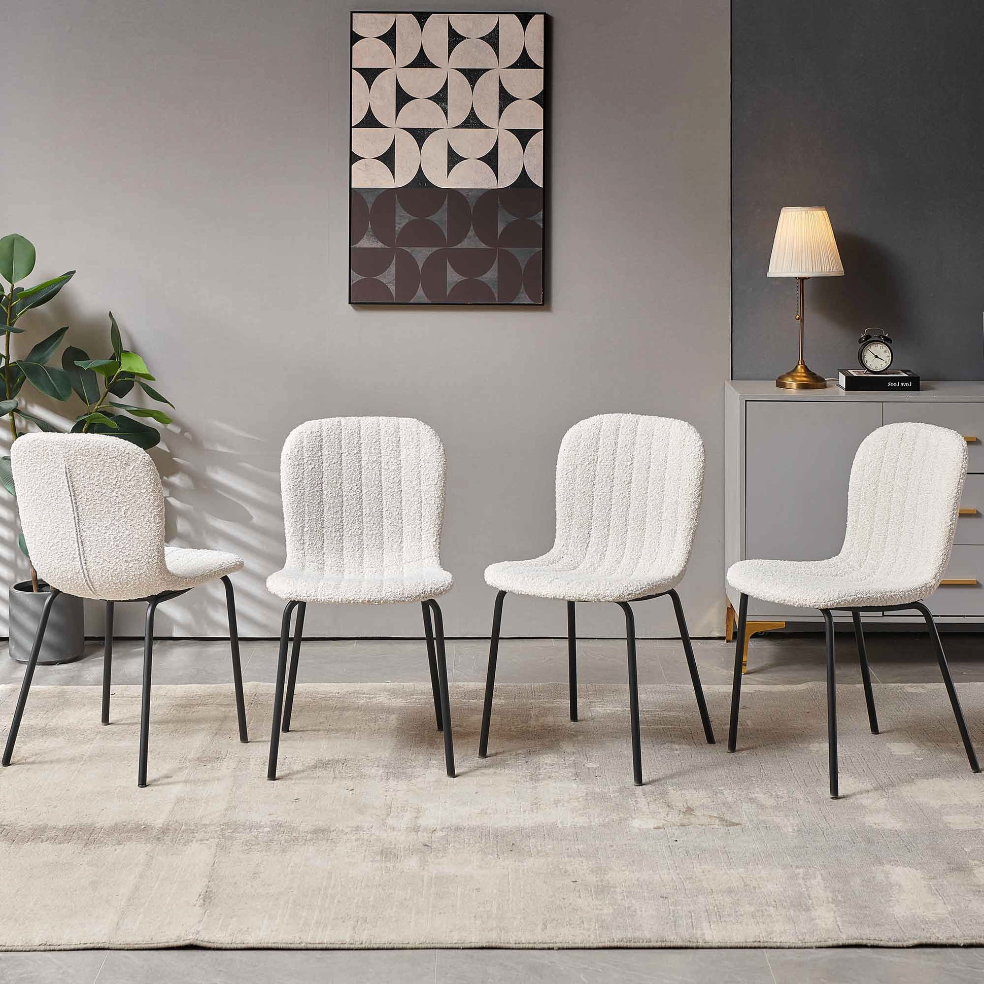 4 Boucle Dining Chairs, Mid-century Modern Gracefulness, Pu Leather ...