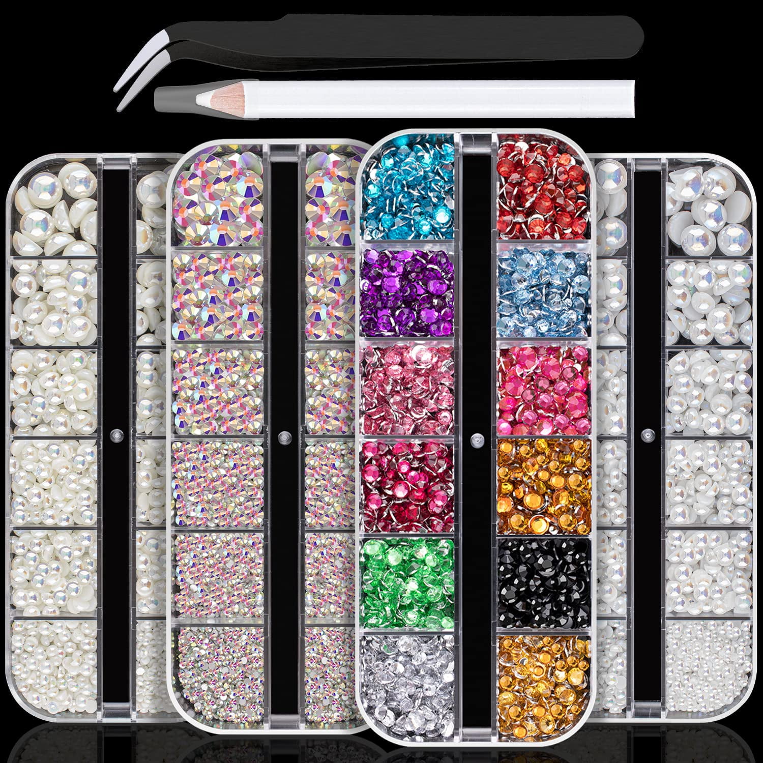 4 Boxes of Flat Back Nail Art Crystal Rhinestones+Pearl Set 6 Colorful ...