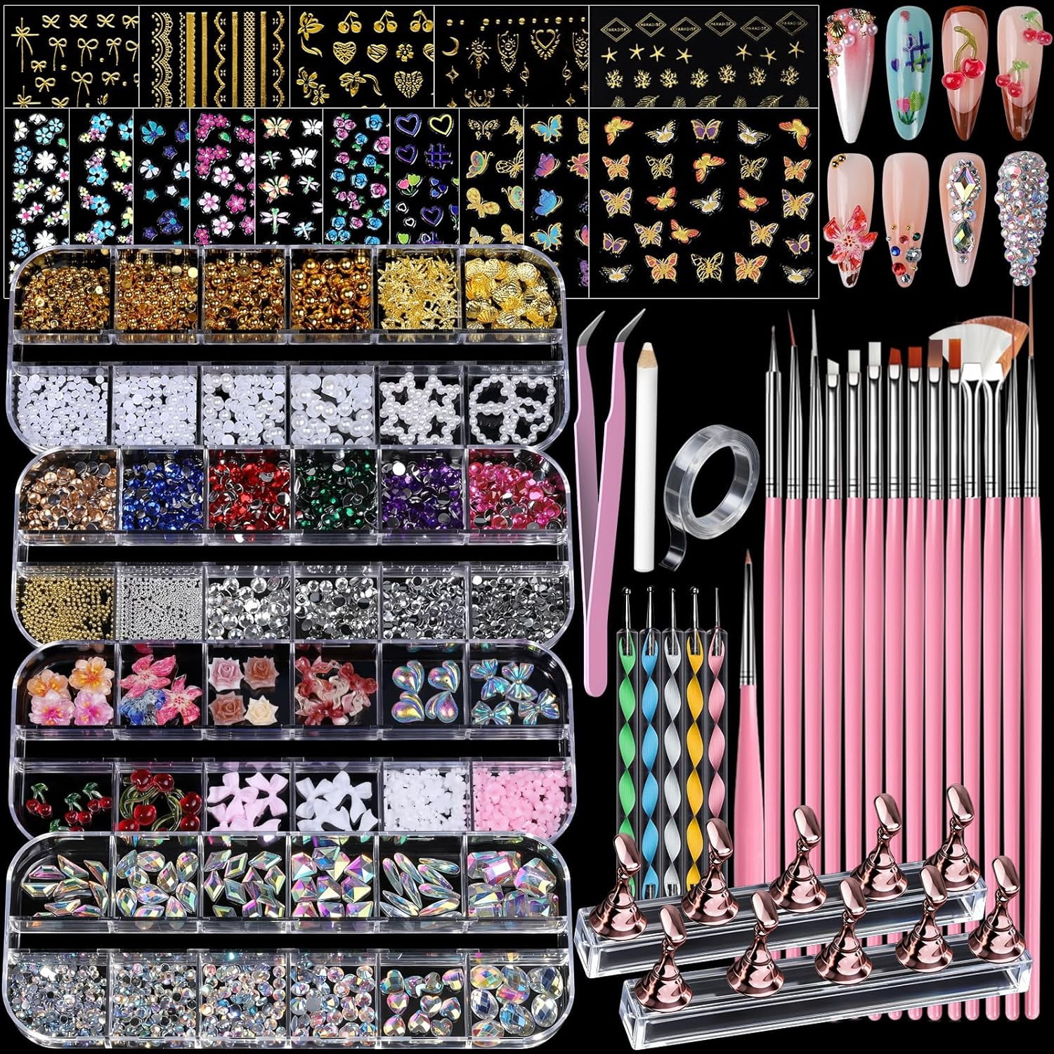 4 Boxes Nail Charms and Gems Set, Rhinestones Kit with Art Brushes ...