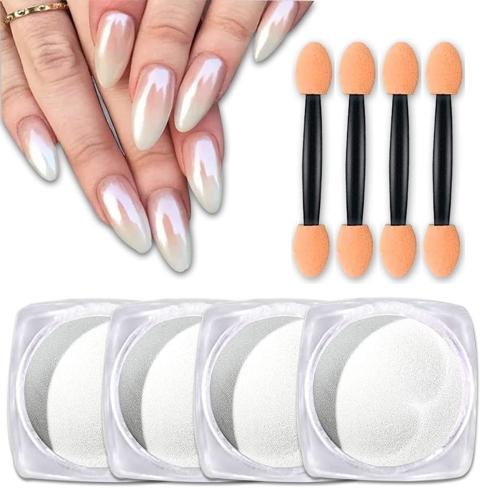 4 Boxes White Pearl Mermaid Rainbow Holographic Nail Powder Magic White ...