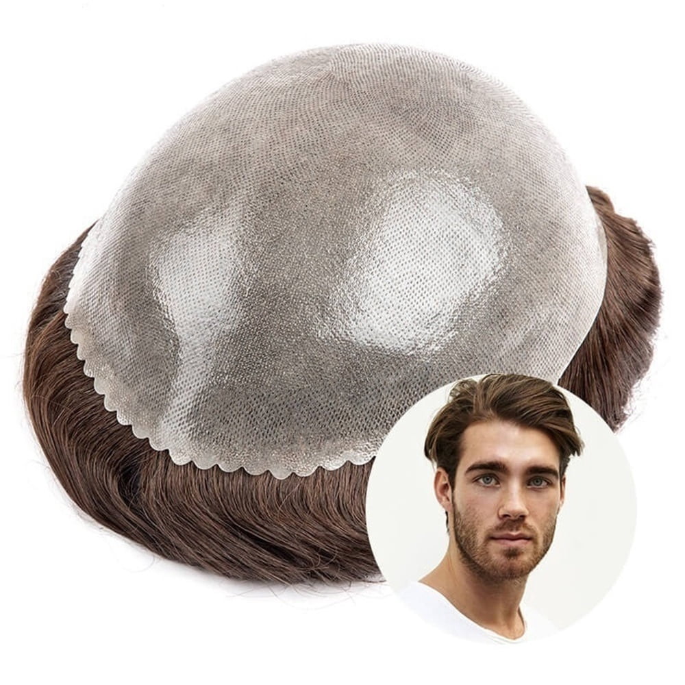 4# Brown Human Hair Toupee Male Capillary Prosthesis 0.06-0.08 Thin ...