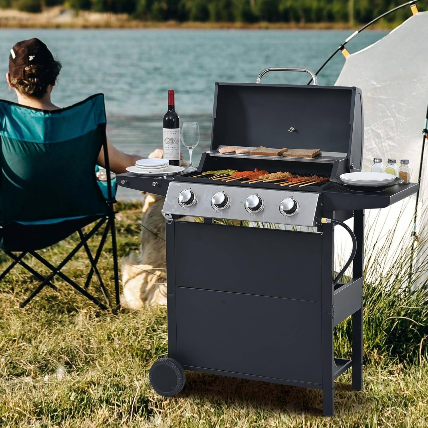 4 Burner BBQ Gas Grill, Propane Grill with Side Shelves and Wheels ...