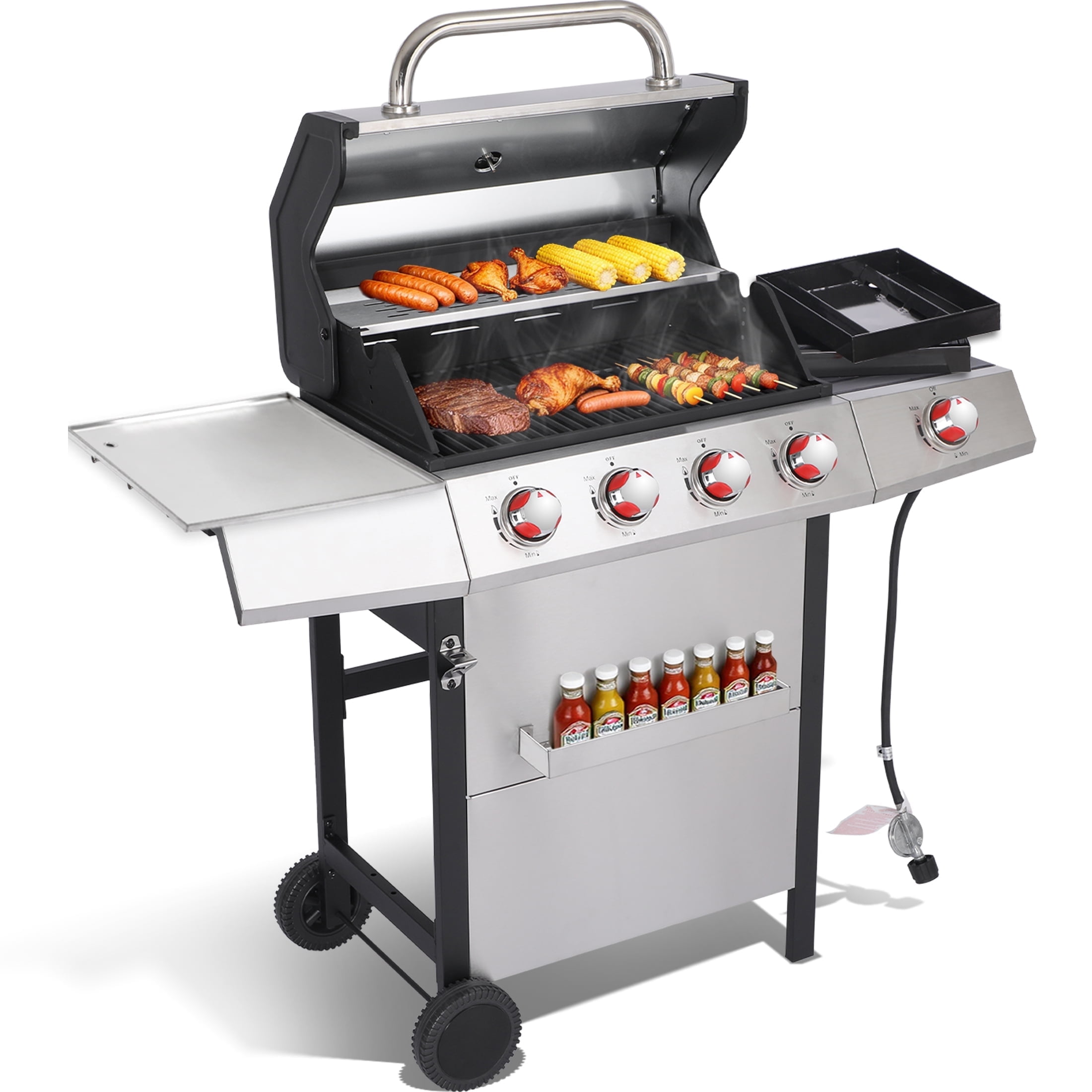 4 Burner BBQ Grill with Side Stove, 3-in-1 Propane Gas Grill with Cast ...