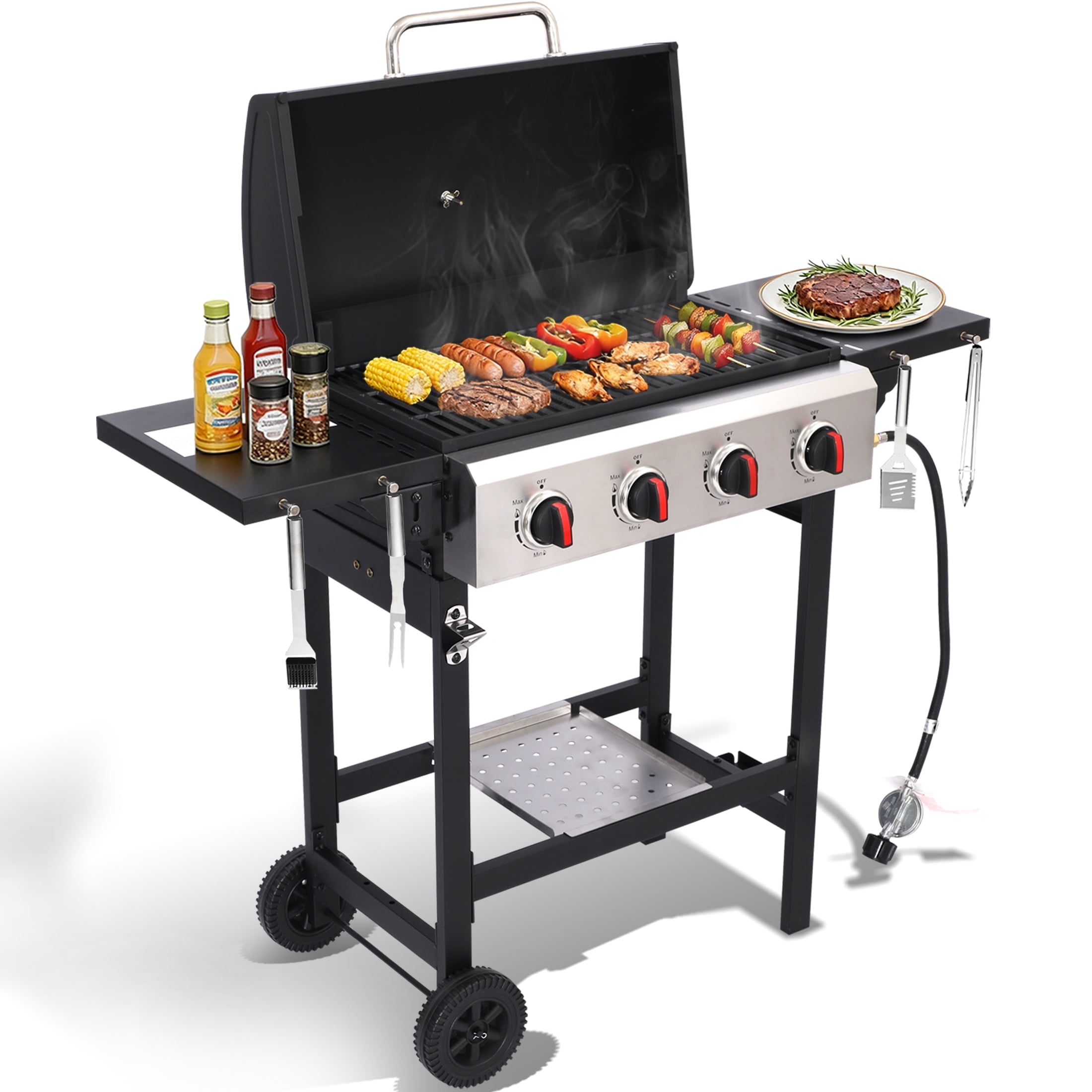 4 Burner Gas Grill, 38,200 BTU BBQ Grill with Foldable Side Table and ...