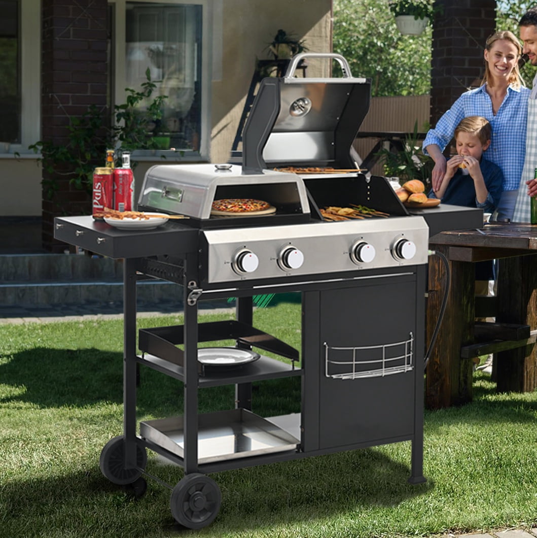 4-Burner Gas Grill, Multi-function BBQ Grill with Pizza Oven Frying Pan ...