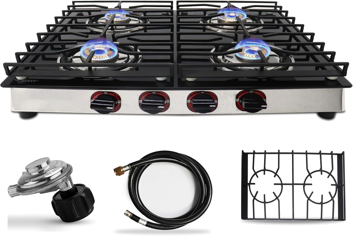4 Burner Gas Stove Top - 25" Black Tempered Glass Countertop, Stainless ...