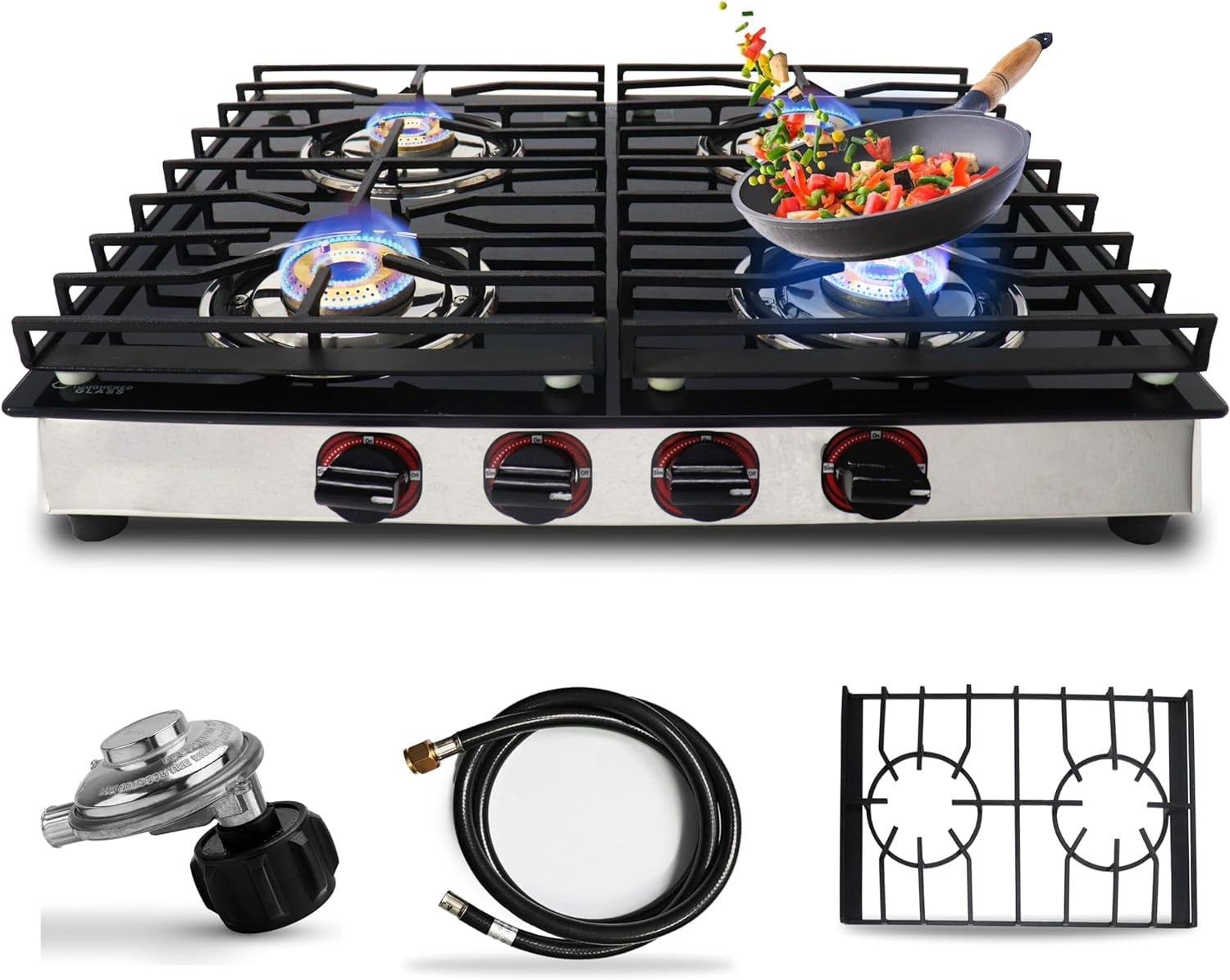 4 Burner Gas Stove Top - 25" Black Tempered Glass Countertop, Stainless ...