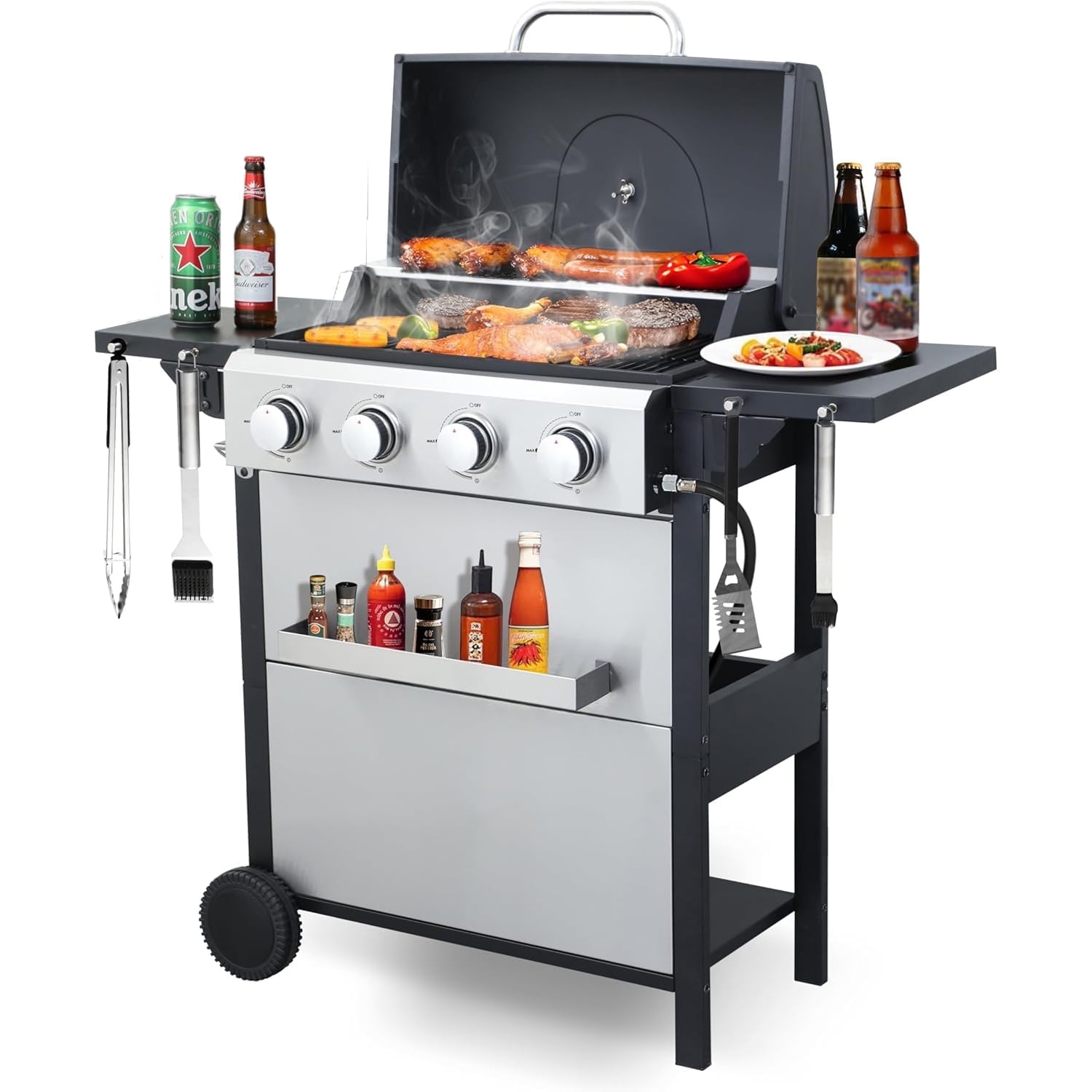 4-Burner Propane Gas BBQ Grill with 2 Foldable Side Tables, 34,200 BTU ...