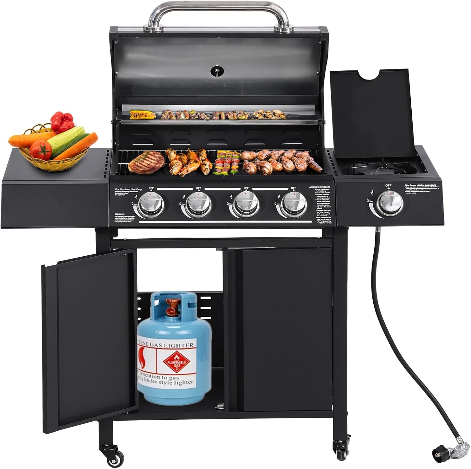 4-Burner Propane Gas BBQ Grill High-Strength Cast Iron with Side Burner ...