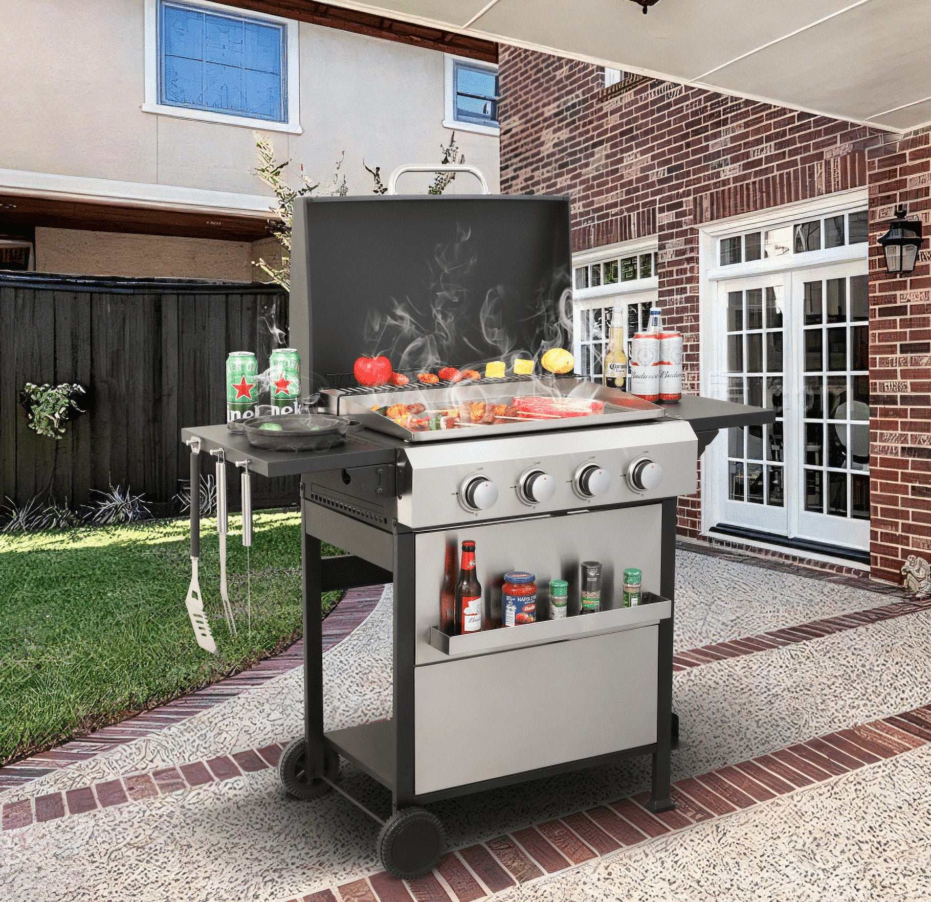 4-Burner Propane Gas BBQ Grill, SS Plancha, 49200BTU Output With Wire ...