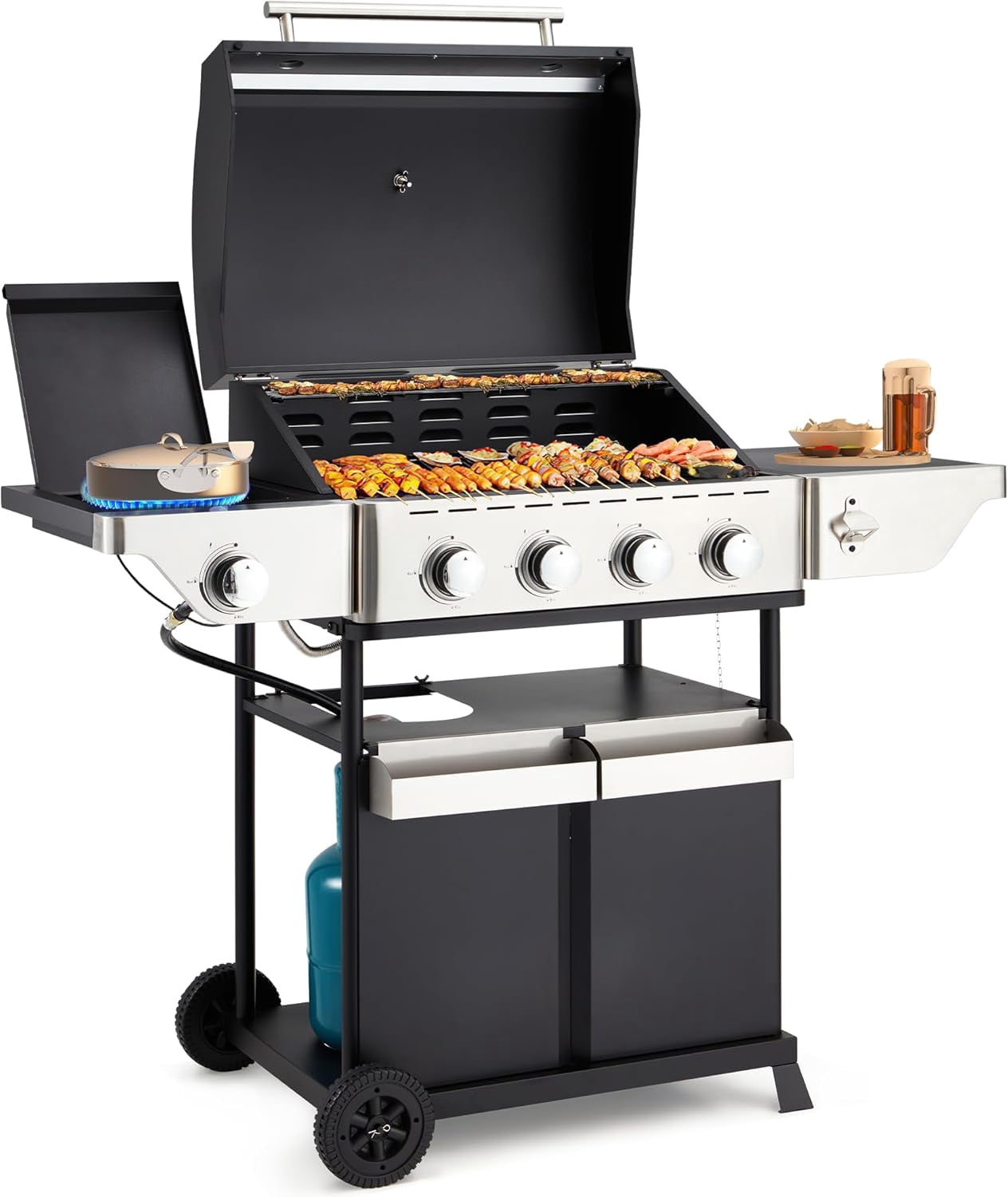 4-Burner Propane Gas BBQ Grill w/Side Burner & Ceramic-Coated Iron ...