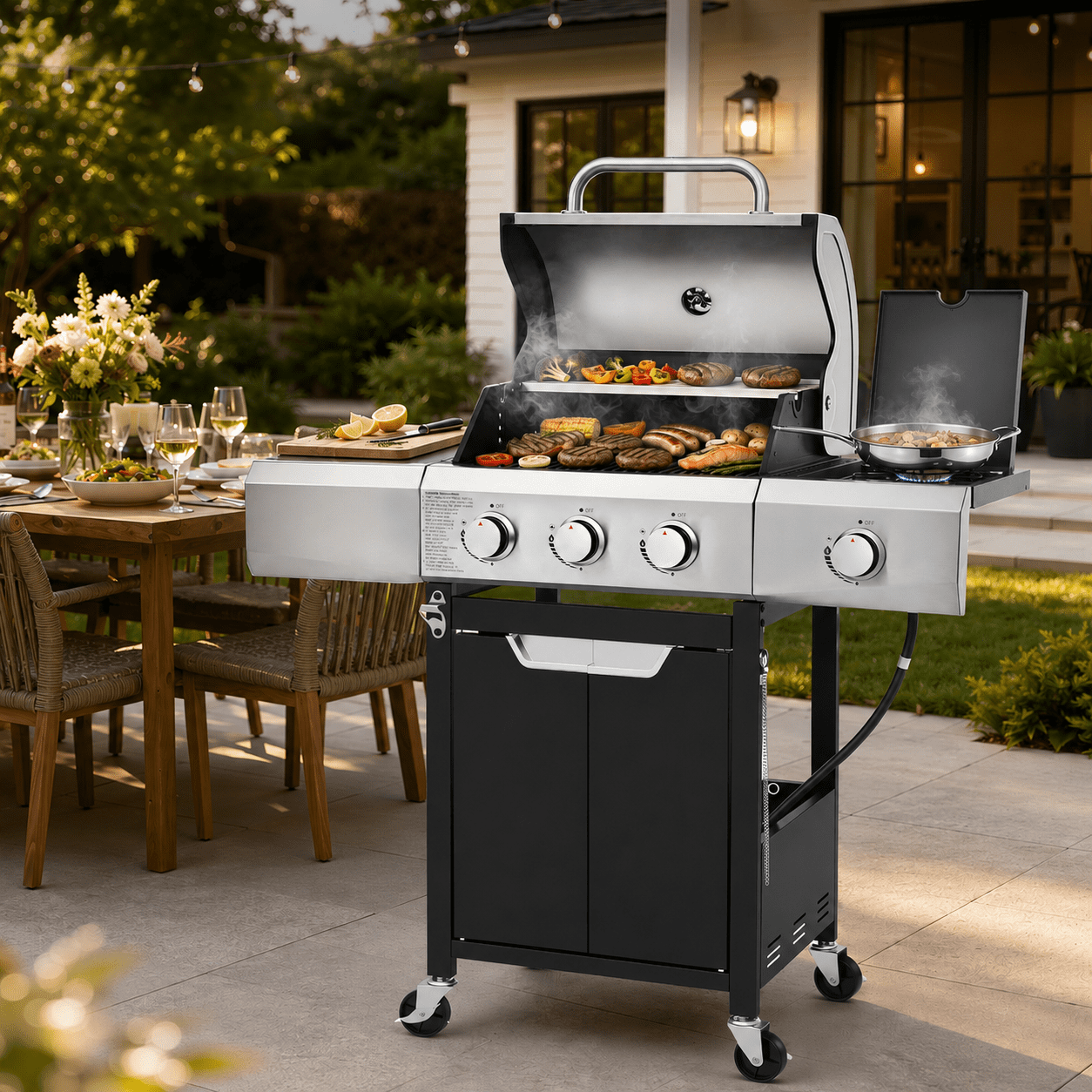 3-Burner Gas Grill with Side Burner, 40,500 BTU Propane BBQ Grill with ...