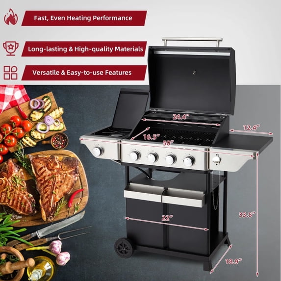 4-Burner Propane Gas Grill with Side Burner, 42, 000 BTU Stainless ...