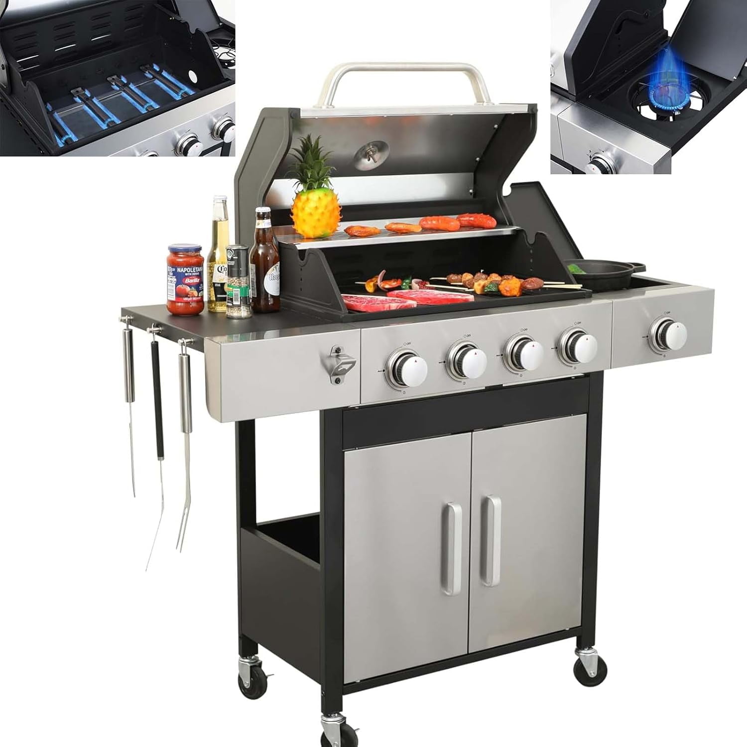 4 Burner Propane Gas Grill with Side Burner & Porcelain-Enameled Cast ...