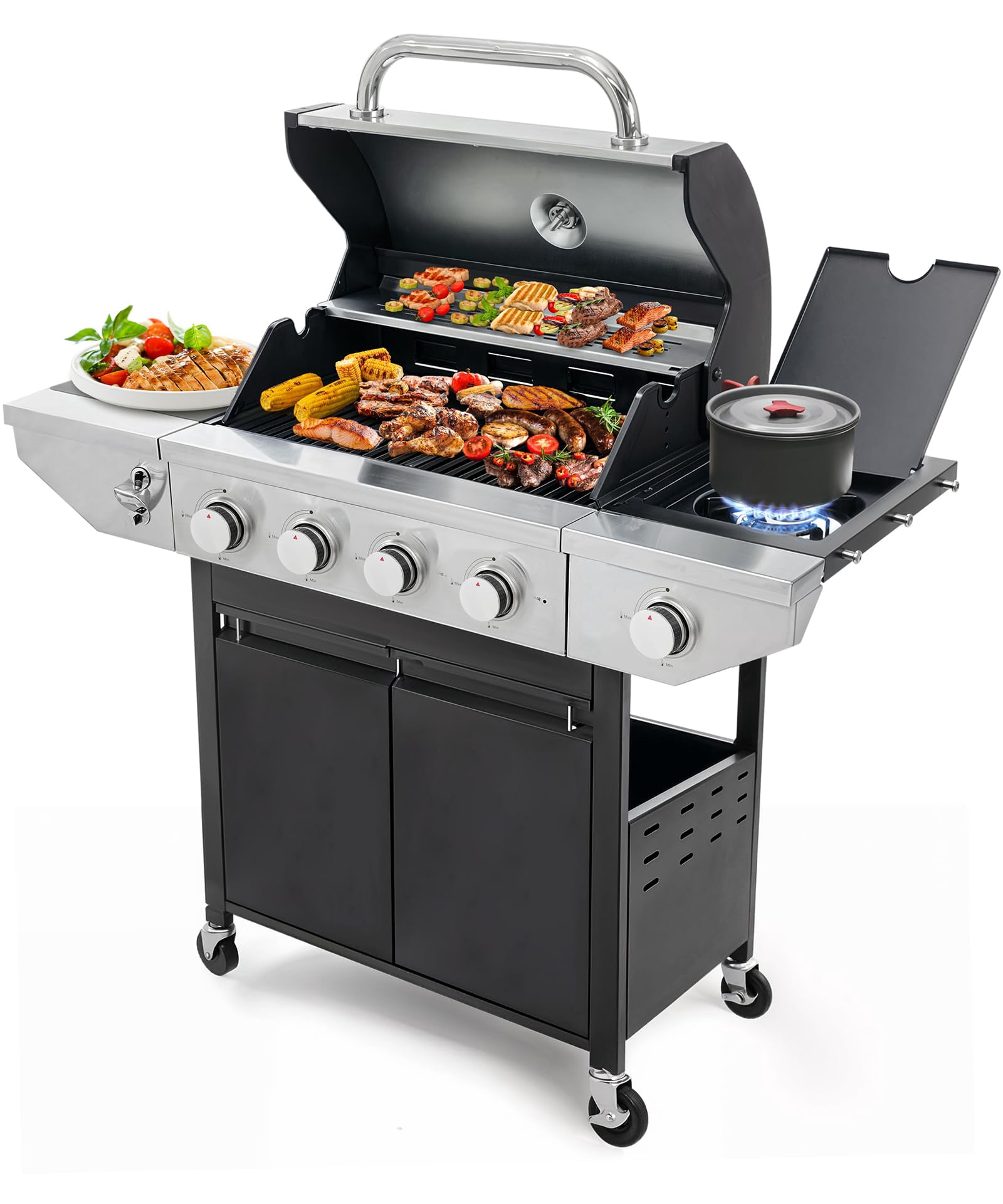 4 Burner Propane Gas Grill with Side Burner, Stainless Steel BBQ Grill ...