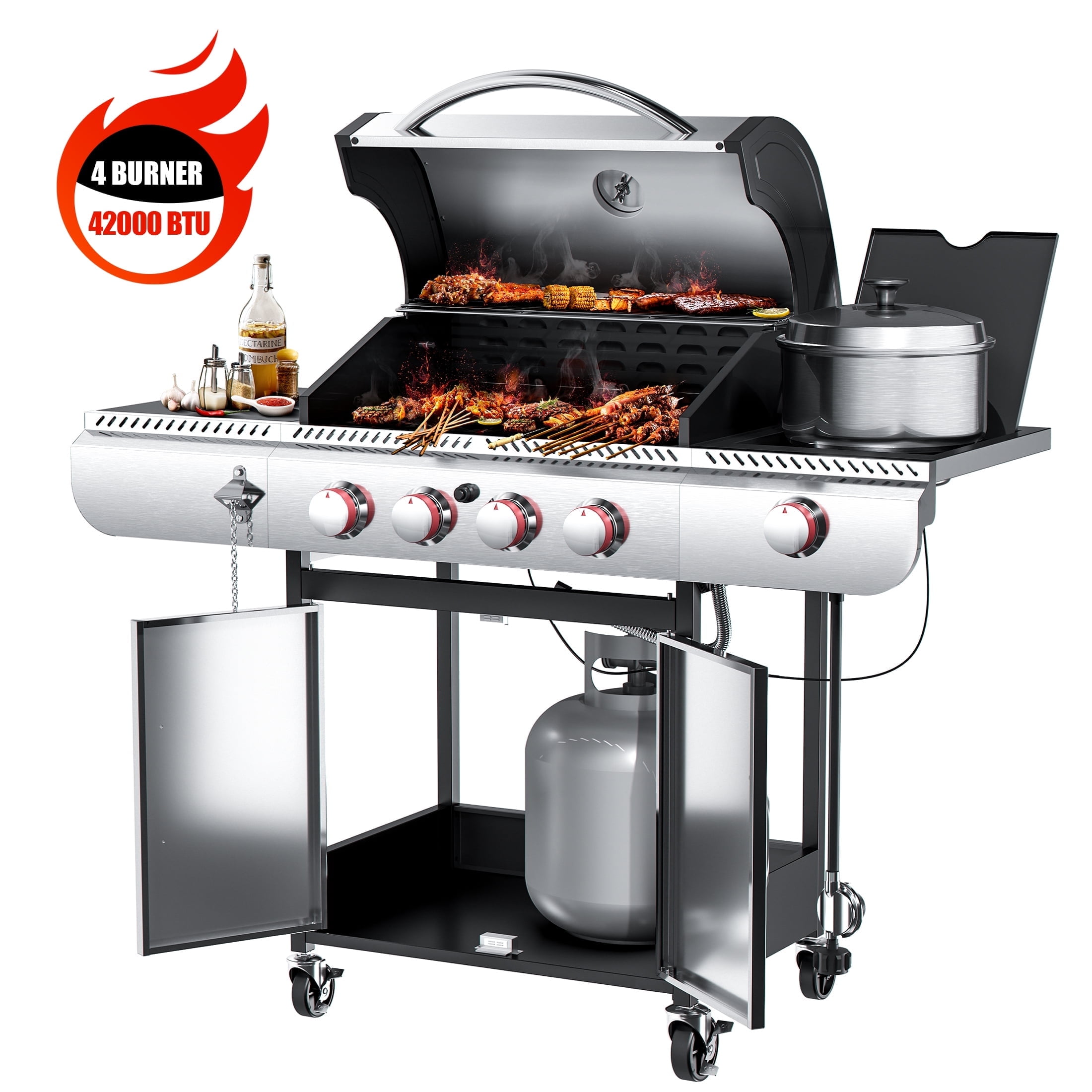 4-Burner Propane Gas Grill with Side Burner, Portable Stainless Steel ...
