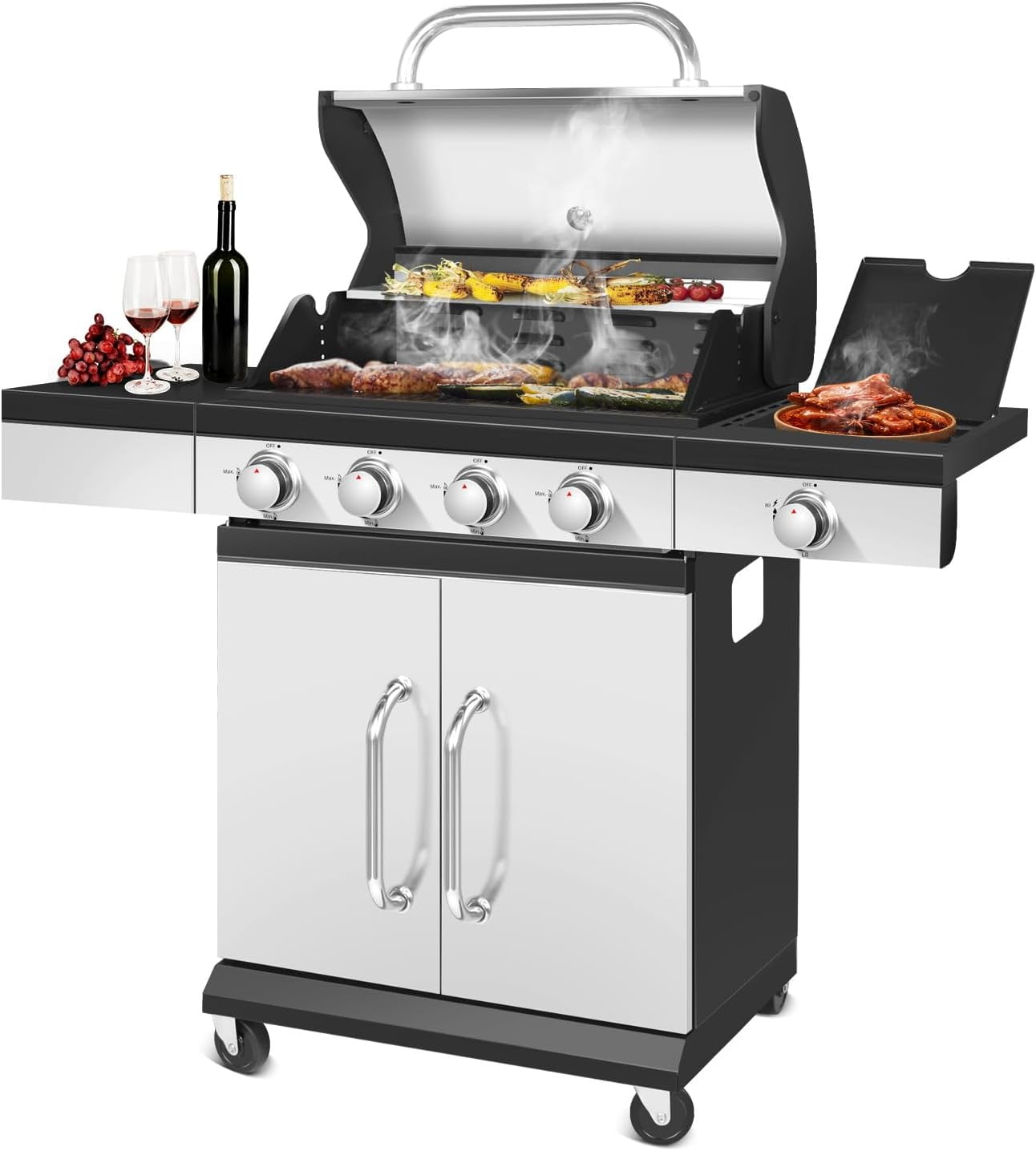 4-Burner Propane Grill with Side Burner, Porcelain-Enameled Cast Iron ...