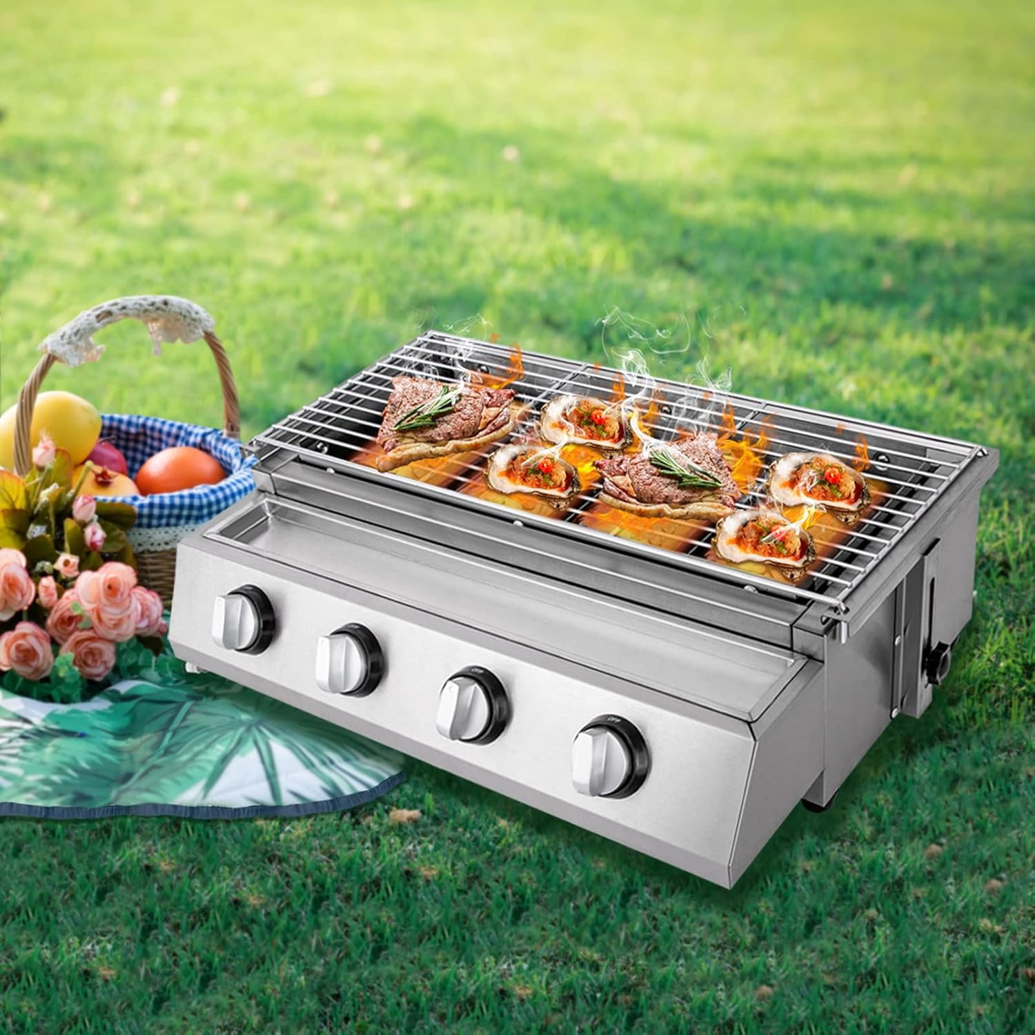 4-Burner Tabletop Gas Grill Commercial Smokeless Grill Stainless Steel ...