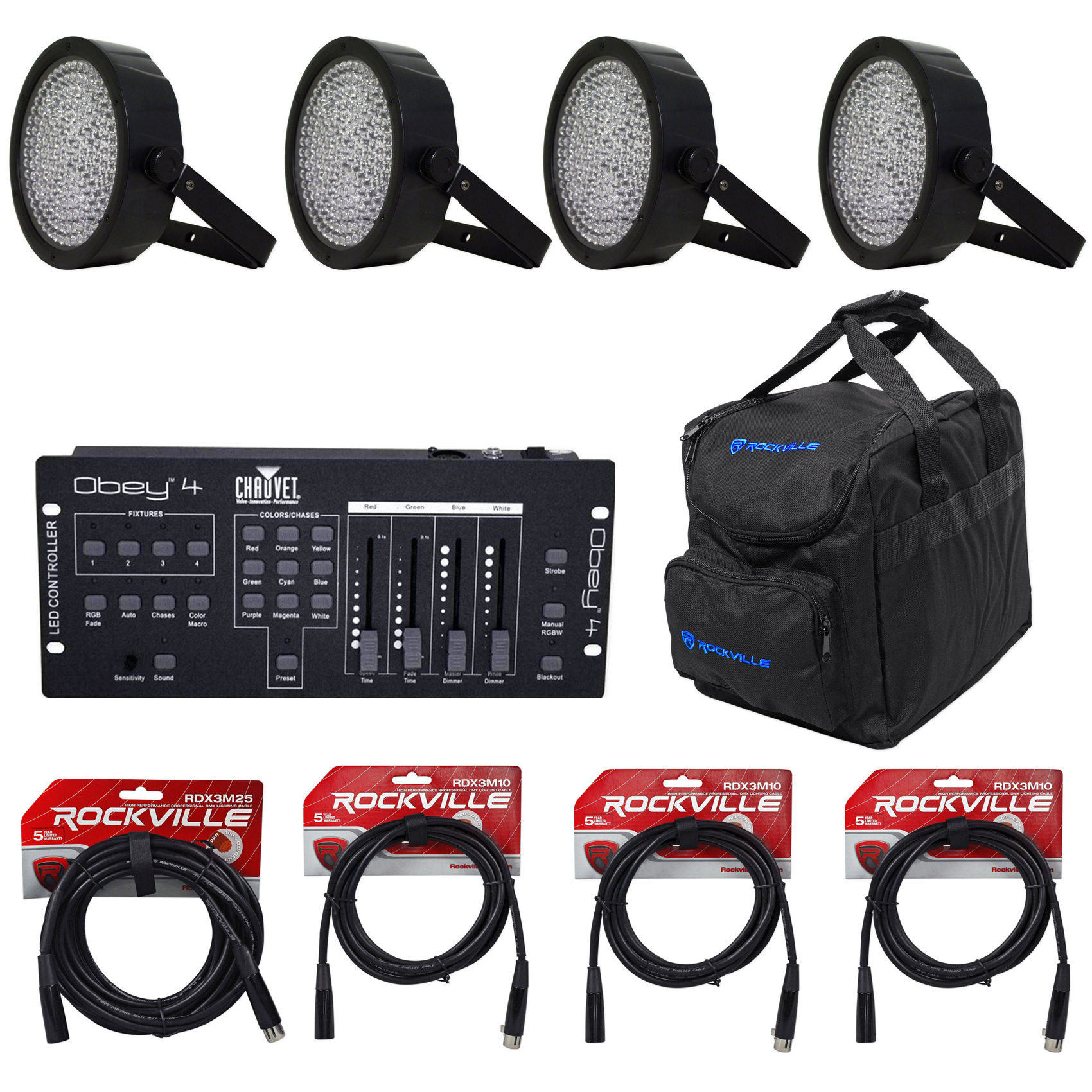 (4) CHAUVET SLIMPAR64 Slim Par Cans+Obey4 DMX Controller+CHS-25 Light ...