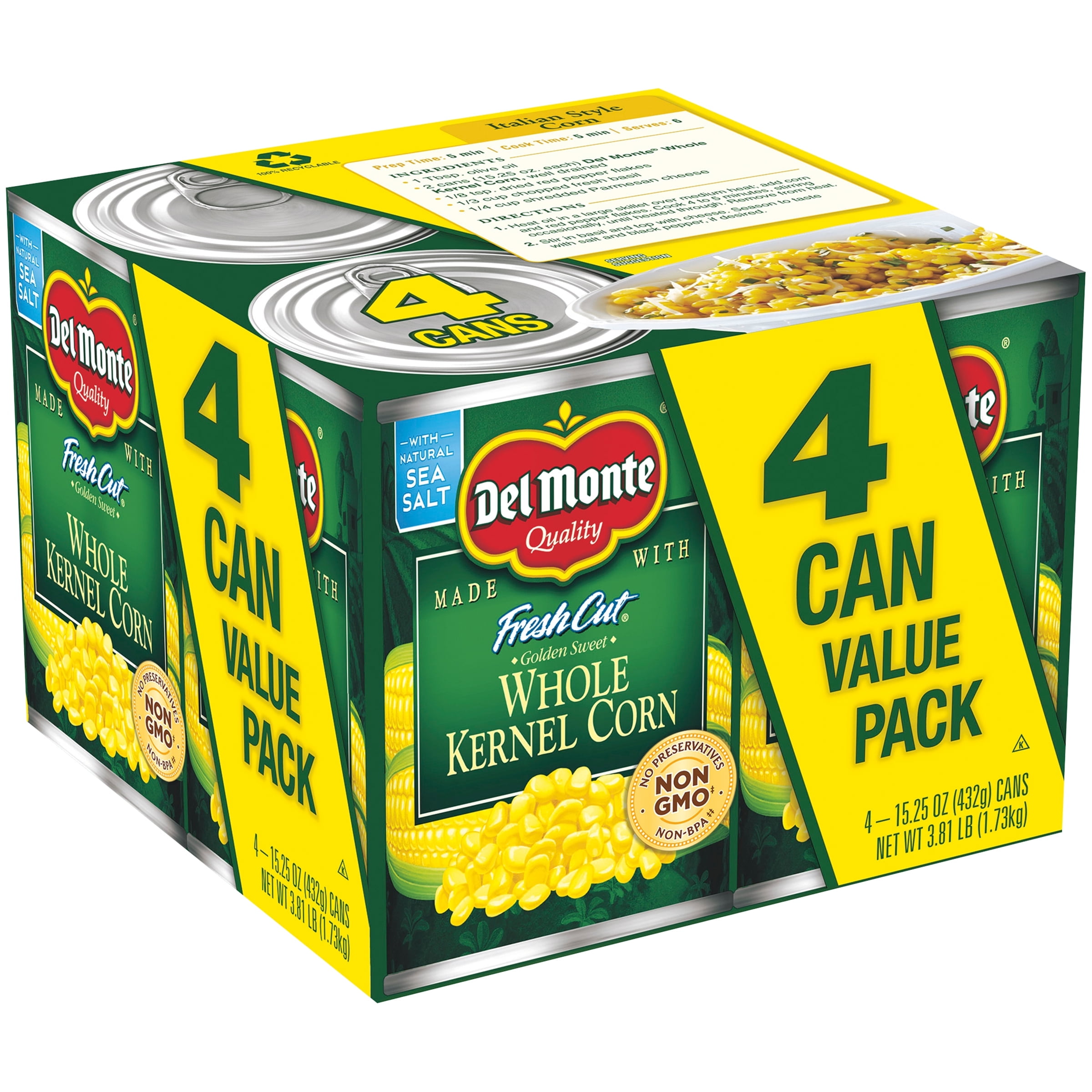 Del Monte Whole Kernel Canned Corn, 15.25 oz, Pack of 4, Sweet Flavor ...
