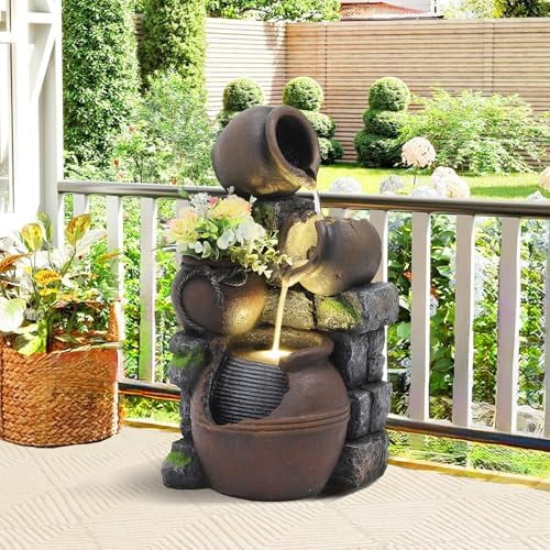 4 Cascading Jugs Outdoor Fountain and Waterfalls, 3 Tiered Resin ...