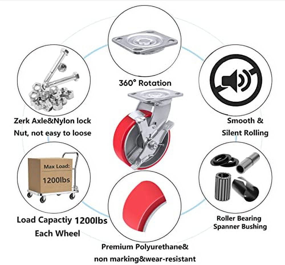 4" Caster Wheels, Heavy Duty Industrial Casters Polyurethane Plate ...