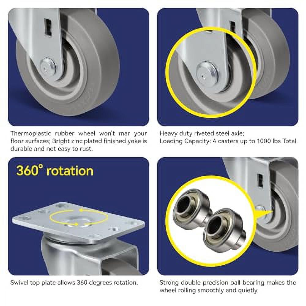 4" Caster Wheels, Heavy Duty Rubber Rigid Casters, Industrial Casters ...