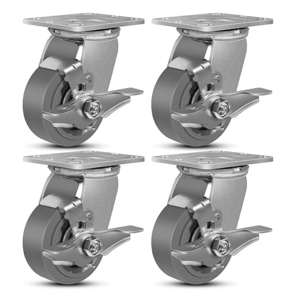 4" Casters Heavy Duty Rubber Swivel Casters with Brakes, Set of 4 Plate ...