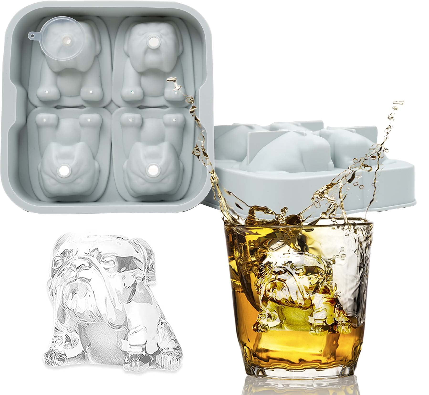 4 Cavity Bulldog Dog Shape Ice Cube Molds Reusable Silicone with Funnel ...